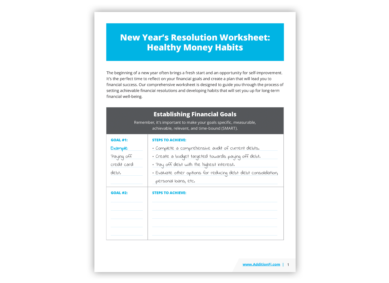 New Year's Resolution Worksheet: Healthy Money Habits | Addition Financial